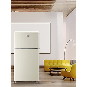WANAI Compact Refrigerator 3.2 Cu.Ft Retro Cream Fridge With Freezer 2 Door Mini Refrigerator with 7 TEMP Modes, Removable Shelves, LED Lights, Ideal for Apartment Dorm and Office, Cream
