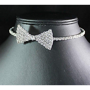 Janefashions Bow Tie Clear White Austrian Rhinestone Crystal Necklace Choker Party Gold Tone Silver Tone B1626 (Silver Tone)