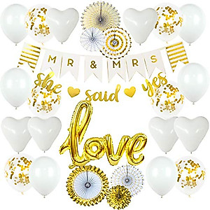VIDAL CRAFTS Gold Engagement Party Decorations, 6 Pcs Paper Fans, MR&MRS Banner, Love Foil Balloon, Engagement Balloons, She Said Yes Banner, Gold Themed Engagement Party Kit or any kind of engagement party decor