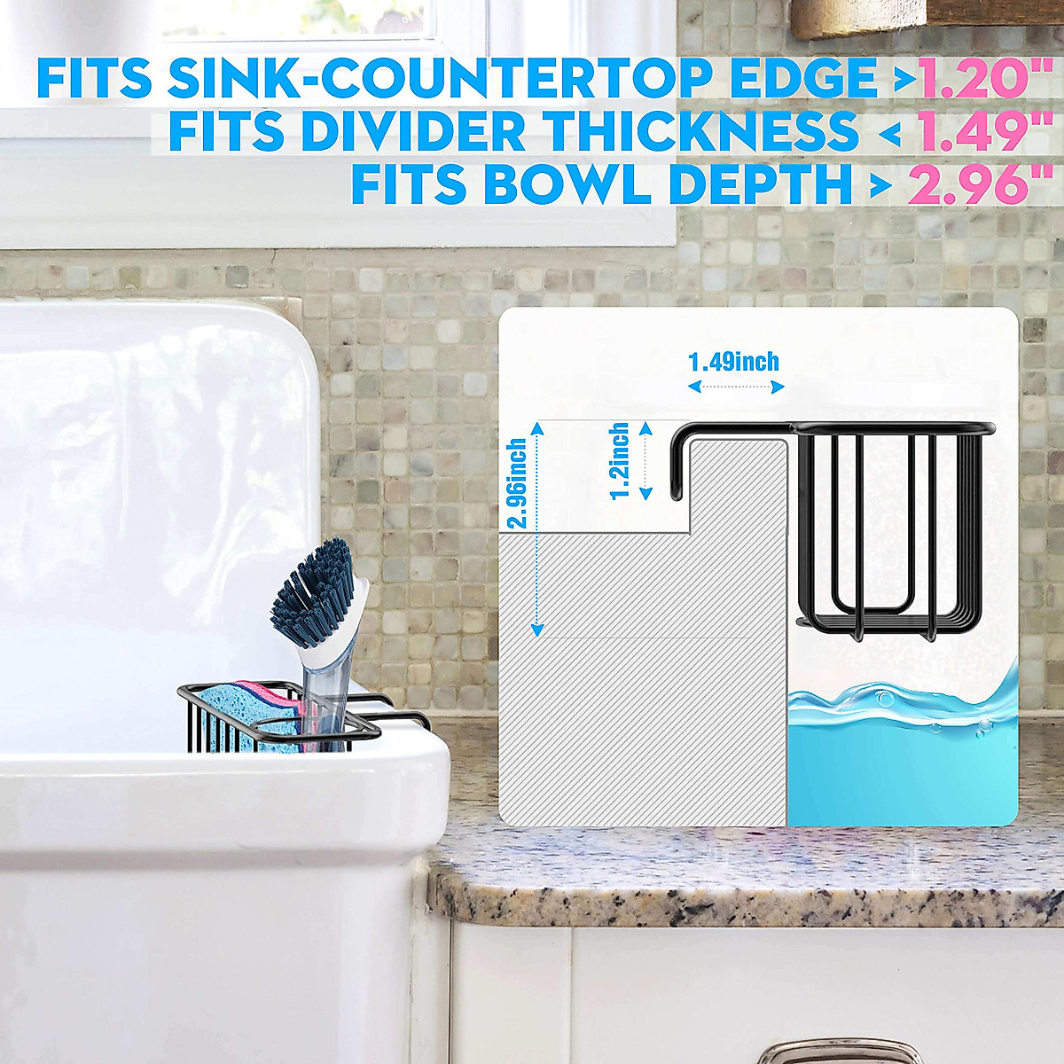 JOFUYU 2-in-1 Sponge Holder for Kitchen Sink + Dish Brush Holder, Sink Sponge Organizer Basket Rack, SUS304 Stainless Steel - Black