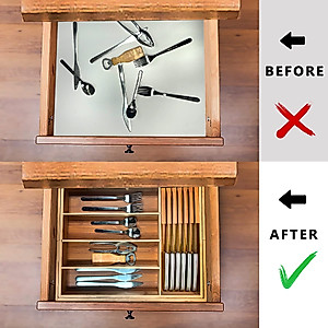 ZROOY Expandable Bamboo Silverware Organizer Drawer for Utensils Holder, 8 Compartments for Drawer Tray with Grooved Drawer Dividers,Removable Knife Block(Natural)