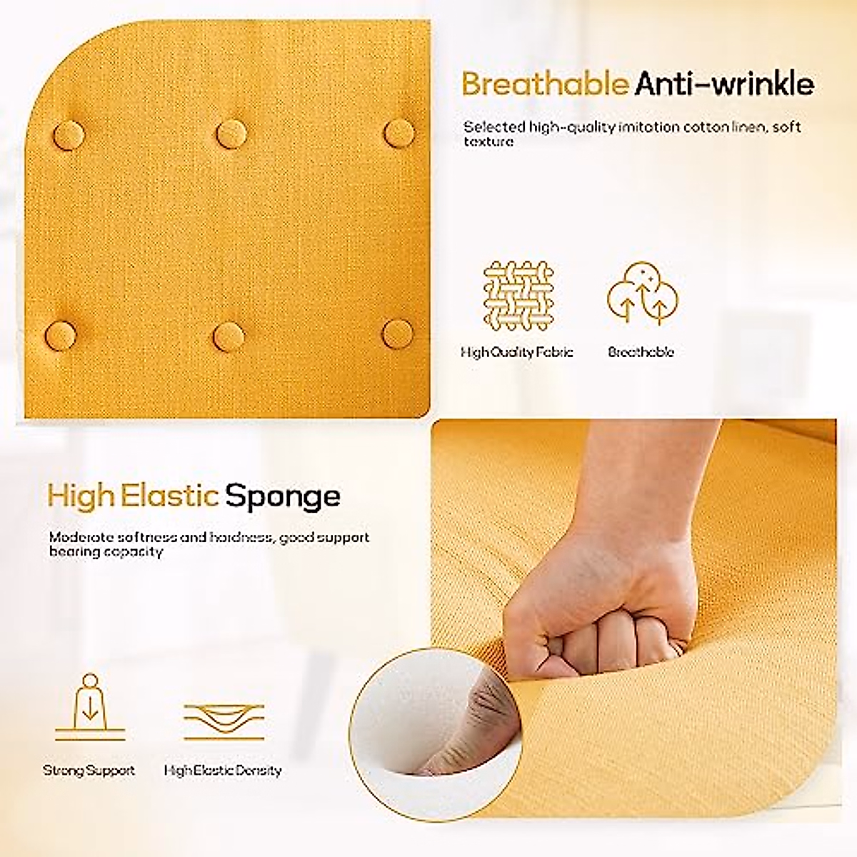 HUIMO Accent Chair, Button Tufted Upholstered Sofa Chairs, Comfy Linen Fabric Armchair for Bedroom, Reading, Mid-Century Modern Living Room Chair (Yellow)