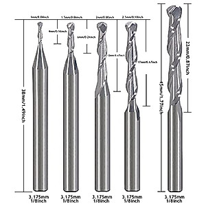 HOZLY for Wood Working Set Diameter 1mm 1.5mm 2.0mm 2.5mm 3.175mm Carbide Ball Nose End Mill CNC Engraving Router Bits Milling Cutter