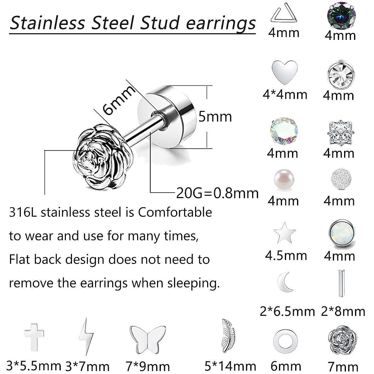 18 Pairs Cartilage Stud Earrings Set for Women Men Star Triangle Moon Heart Disc Ball CZ Small Stainless Steel Geometric Barbell Flatback Piercing (Silver)