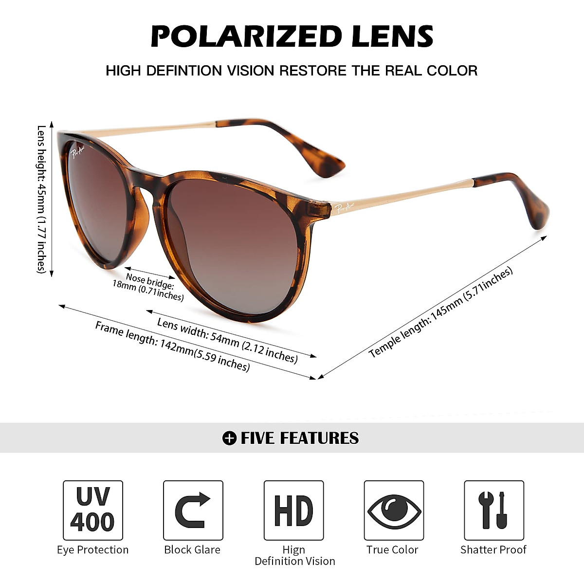 Polarized Sunglasses for Women Classic Round Style 100% UV Protection (Tortoise; Gold/Brown Gradient)
