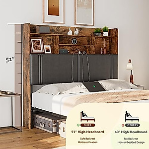 Alohappy Full Size Bed Frame with 51” Storage Headboard, Wooden Platform Bed Frame with Chargig Ports & LED Lights, Upholstered LED Bed Frame, No Box Spring Needed