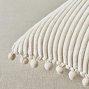 Fancy Homi Pack of 2 Boho Decorative Throw Pillow Covers with Pom-poms, Soft Corduroy Accent Solid Square Cushion Case Set for Couch Sofa Bedroom Car Living Room (18x18 Inch/45x45 cm, Cream)