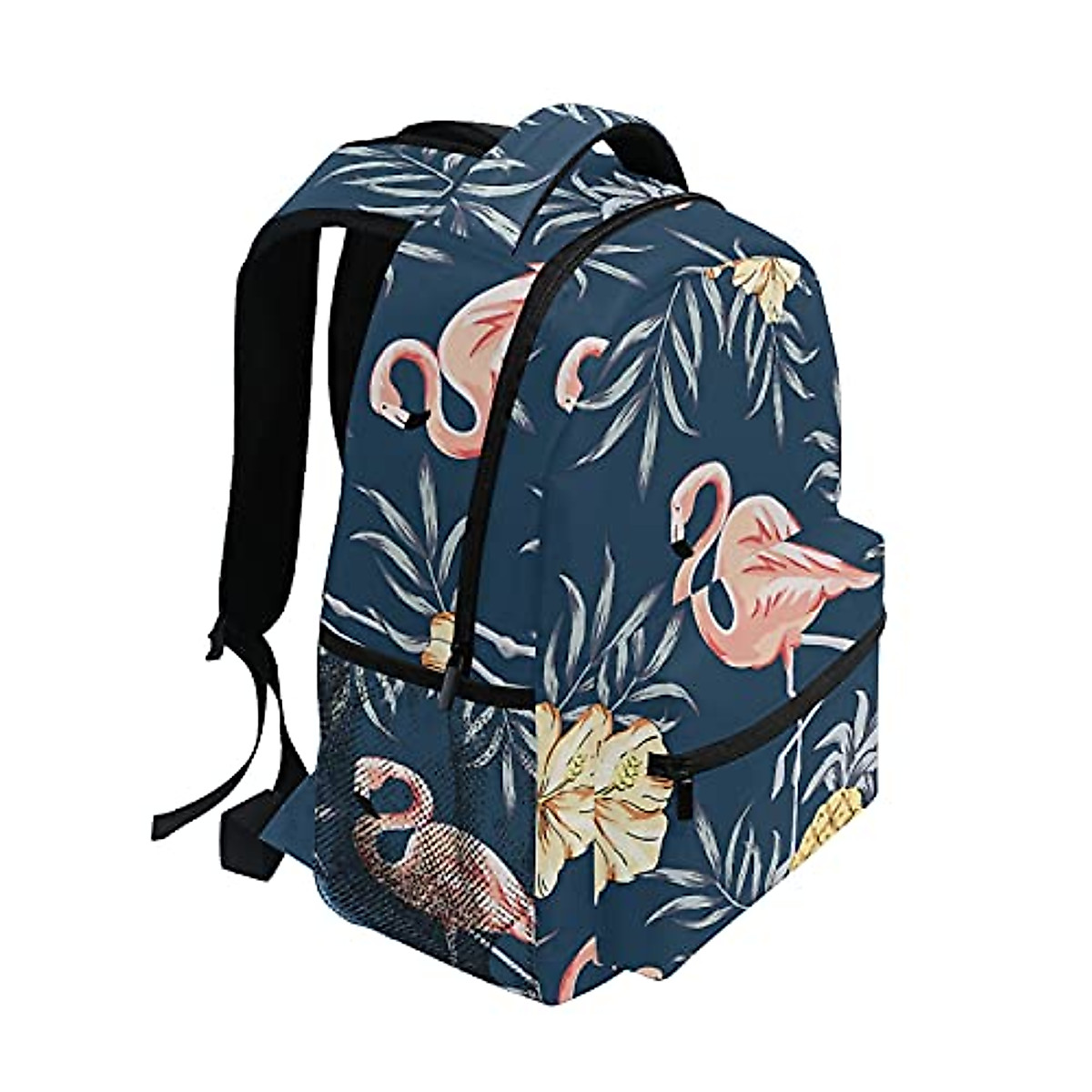 ALAZA Tropical Pink Flamingo Birds Hibiscus Flowers Pineapples Palm Leaves Navy Junior High School Bookbag Daypack Laptop Outdoor Backpack