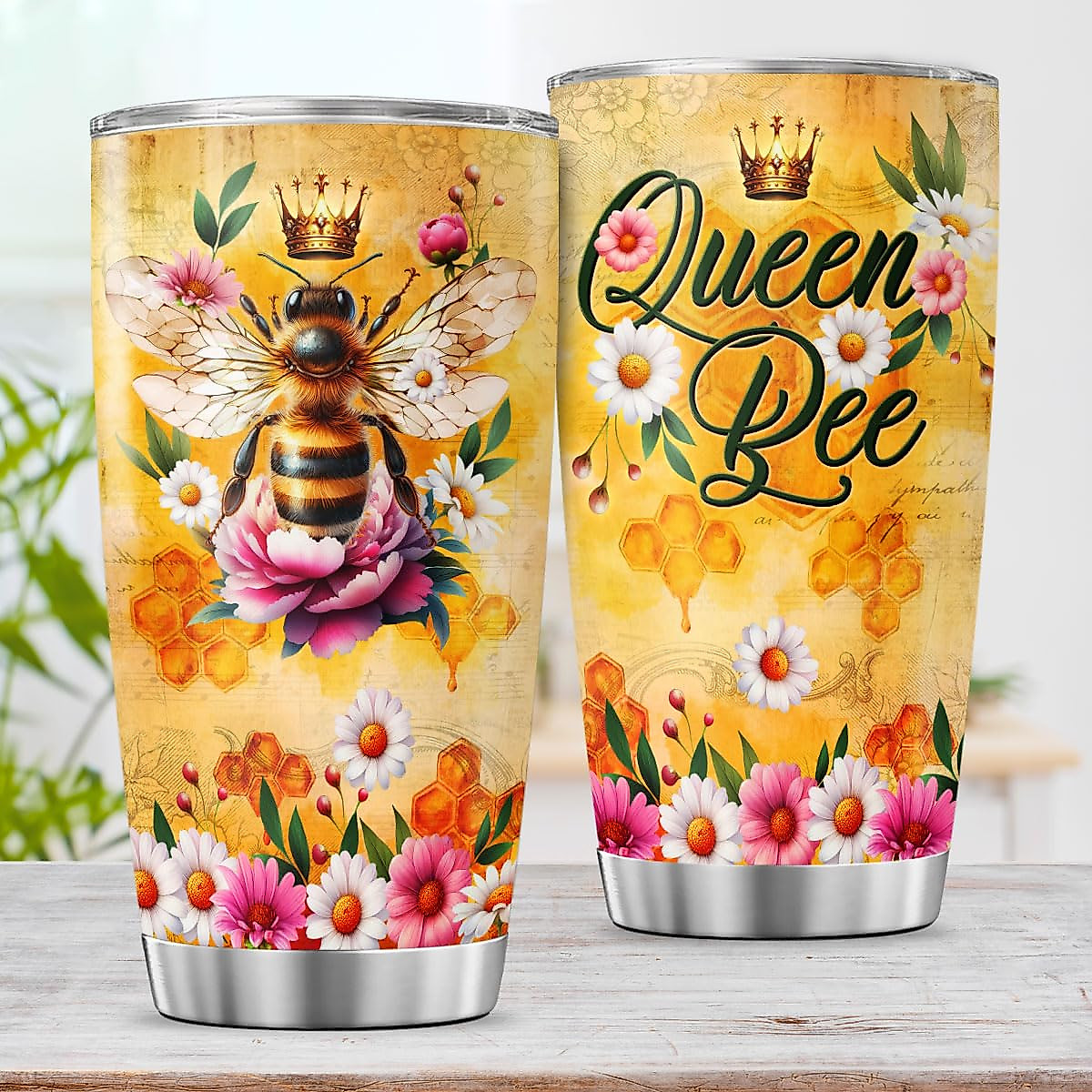 HUBUPU Queen Bee Floral, Tumbler 20 Oz With Lid And Straw, Bee Gifts, Flower