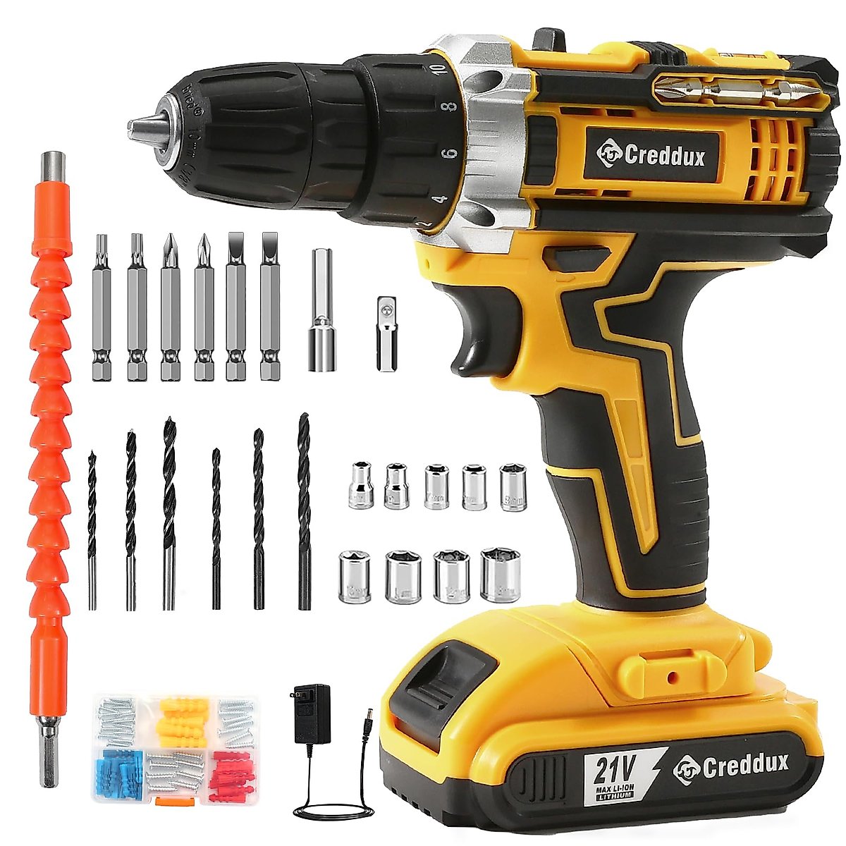 Creddux Cordless Drill Set 21v Power Drill Cordless With Battery & Charger, 84pcs Accessories Electric Drill Variable Speed, 3/8'' Keyless Chuck, Built-In Level and 2 Driver Bits Yellow kit