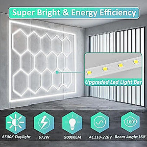 DHXYHQY Hexagon Garage Lights, Honeycomb Hexagon Led Garage Light 14 Grid, High Brightness 672W 9000 Lumens Hexagon Light for Garage, Warehouse, Auto Beauty Shop, Work Shop,Red Frame