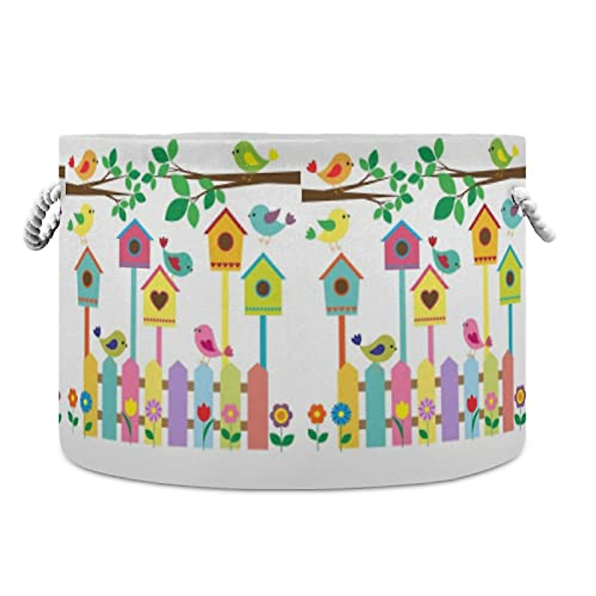 Colorful Birds and Birdhouses Raster Tree Branches Leaves Flowers Round Storage Basket Waterproof Print Collapsible Fabric Cube With Cotton Rope Handles Laundry Bag Organizer Toys Clothes for Room
