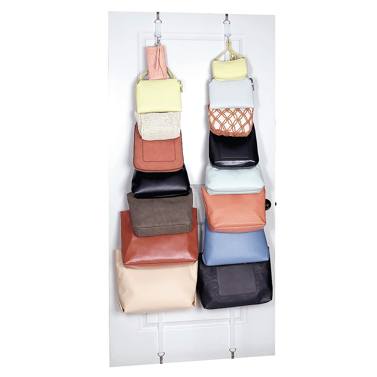 Jokari Heavy Duty 16 Hook Over The Door Purse Rack for Hats and Accessories. Adjustable Straps and Movable Velcro Hooks To Store, Organize and Display Bags, Scarves or Caps Saving Closet Storage Space