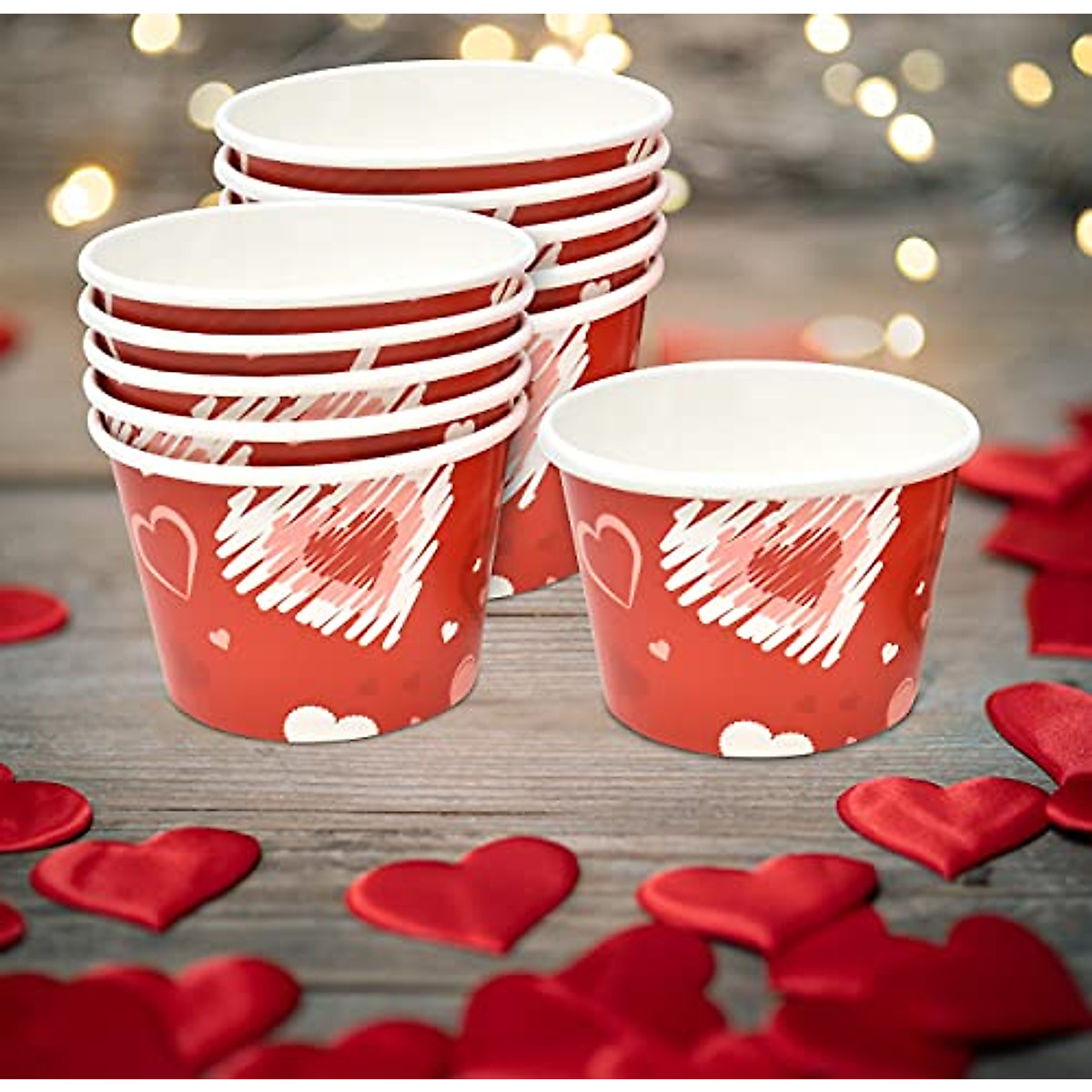 48 Count Valentine's Day Treat Snack Cups 10 Oz. Valentines Heart Disposable Paper Cup Dessert Ice Cream Bowl Pink Red White Holiday Hearts Design For Frozen Treats Cupcakes Party Favor Supplies Decor