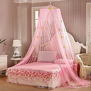 Glamorstar Bed Canopy for Girls Princess Mosquito Net Glow in The Dark Stars and Moon Crib Hanging Tent Bedroom Decor Gift for Kids Pink Crwon