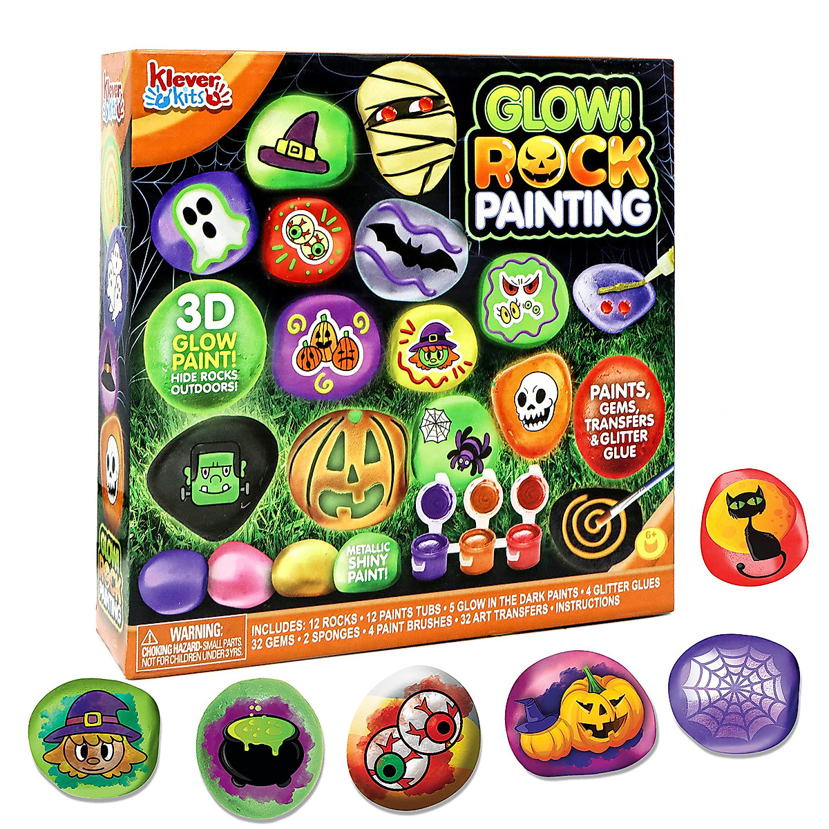 Klever Kits Halloween Rock Painting Kit for Kids, Glow in The Dark Rock Painting with Paint Tubs, Creativity Arts Crafts DIY Supplies Kit for Halloween, Kids Painting Gifts, Family Activity