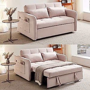 Sofa Couch w/Pull Out Sleeper Bed, 55.5” Pink Velvet Upholstery Convertible Loveseat Twin Sofabed with Two Arm Pockets, 3-angle Adjustable Backrest Sofa, Build-in 2 USB Charger Ports for Living Room