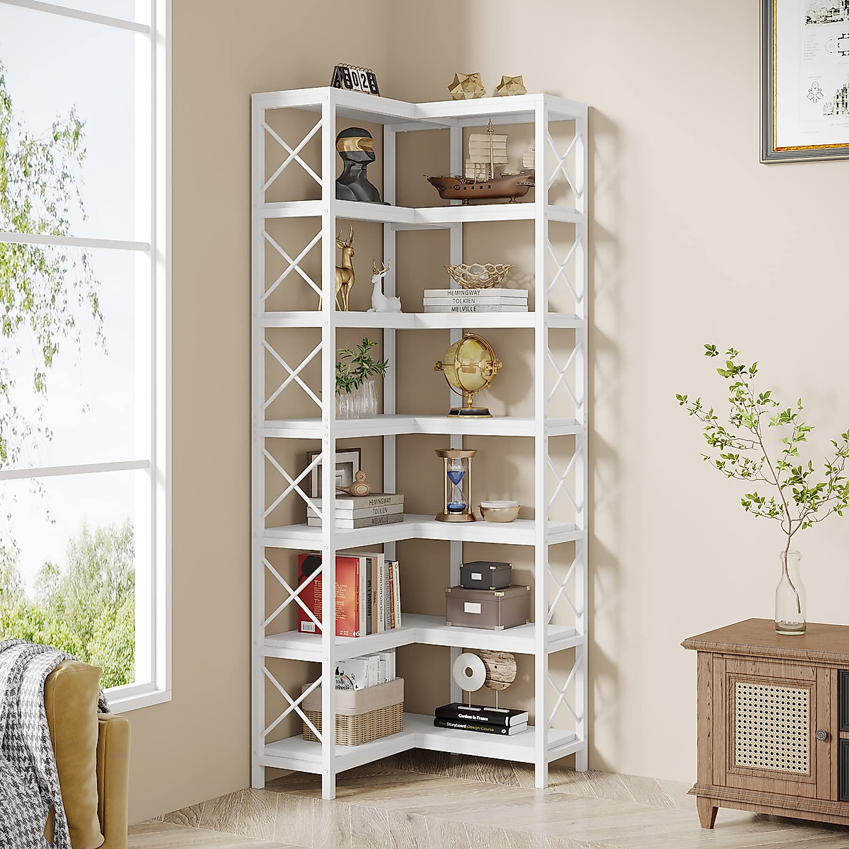 LITTLE TREE 7 Shelf Corner Bookcase, Industrial Large Corner Bookshelf, 7-Tier Tall Corner Shelf Storage Display Rack with Metal Frame for Living Room Home Office, White