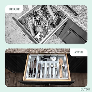 ELTOW Expandable In Drawer Silverware Organizer - Kitchen Storage Silverware Tray For Flatware – Cutlery Holder With 8 Compartments - Multipurpose Organizer Tray For Kitchen & Office Supplies - White