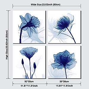 Pyradecor Blue Flickering Flower Modern Abstract Paintings Canvas Wall Art Gallery Wrapped Grace Floral Pictures on Canvas Prints 4 Panels Artwork for Living Room Bedroom Office Home Decorations