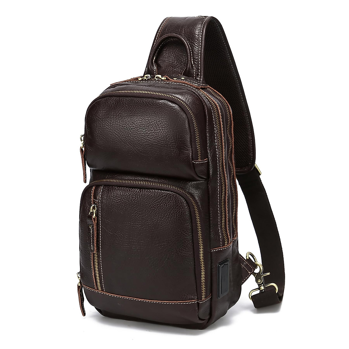 LANNSYNE Full Grain Leather Sling Bag For Men Crossbody Chest Daypack fits 10.5" iPad