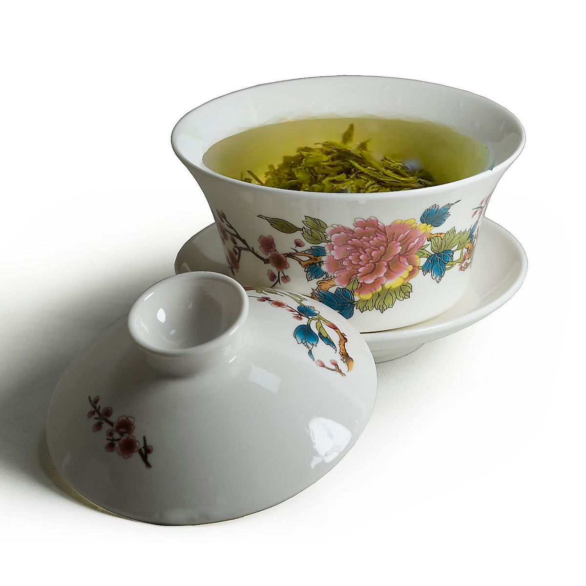 YXHUPOT Gaiwan White Porcelain Large Teacup Sancai Tea Cup Set Beauty Pattern Blum (16oz large bloom)