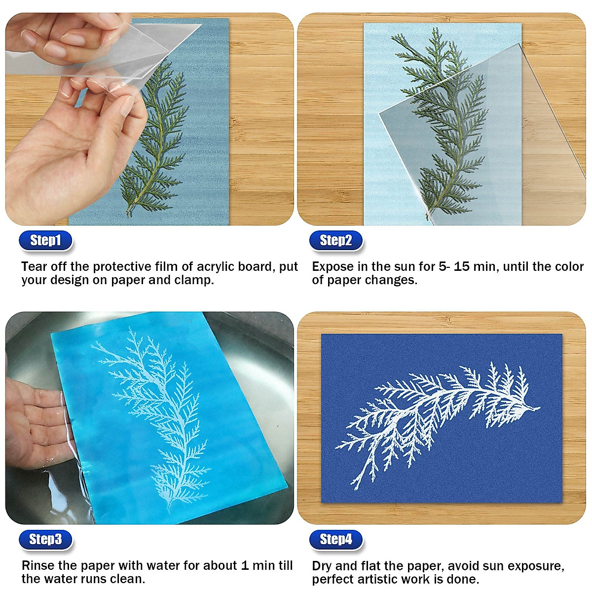 Sun Print Paper Kit Cyanotype Paper, 24 Sheets Cyanotype Papers with 1 Sheet Acrylic Panel, High Sensitive Nature Sun/Solar Activated Sun Printing Art Paper for Arts Crafts DIY Project