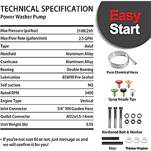 YAMATIC 7/8" Shaft Vertical Pressure Washer Pump, 2600-3100 PSI @2.5 GPM Replacement Pump for Power Washer Front Inlet/Outlet, Replacement with Troybilt, Briggs&Stratton, AR, Honda