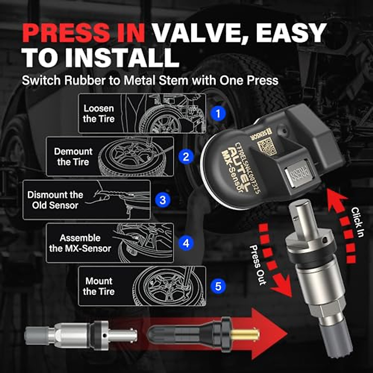 Autel TPMS Sensor Set of 4, MX-Sensor 2in 1 Dual Frequency 315MHz + 433MHz Press-in OE-Level Universal TPMS Sensors Programmable by Autel TPMS Tool Compatible with TS408S TS508WF TS601 (Metal Valves)