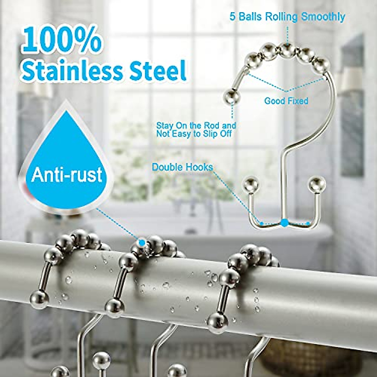 TENOVEL Curved Brushed Nickel Shower Curtain Rod &Brushed Nickel Double Sided Shower curtain Hooks(12 pcs)