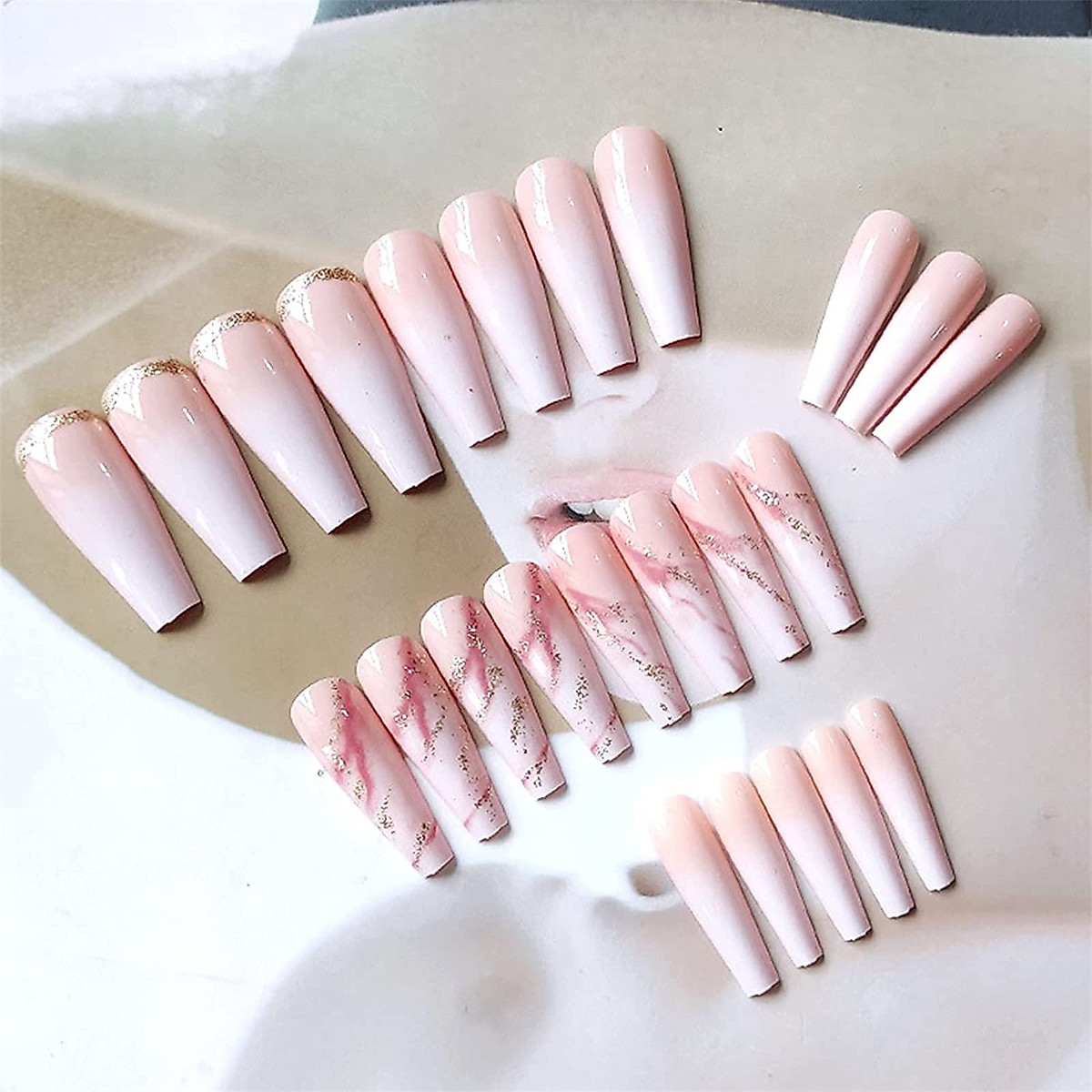 CRRLtry Press on Nails Coffin Fake Nails Marble False Nails Acrylic Nails Medium Press on Acrylic Nails for Women 24Pcs
