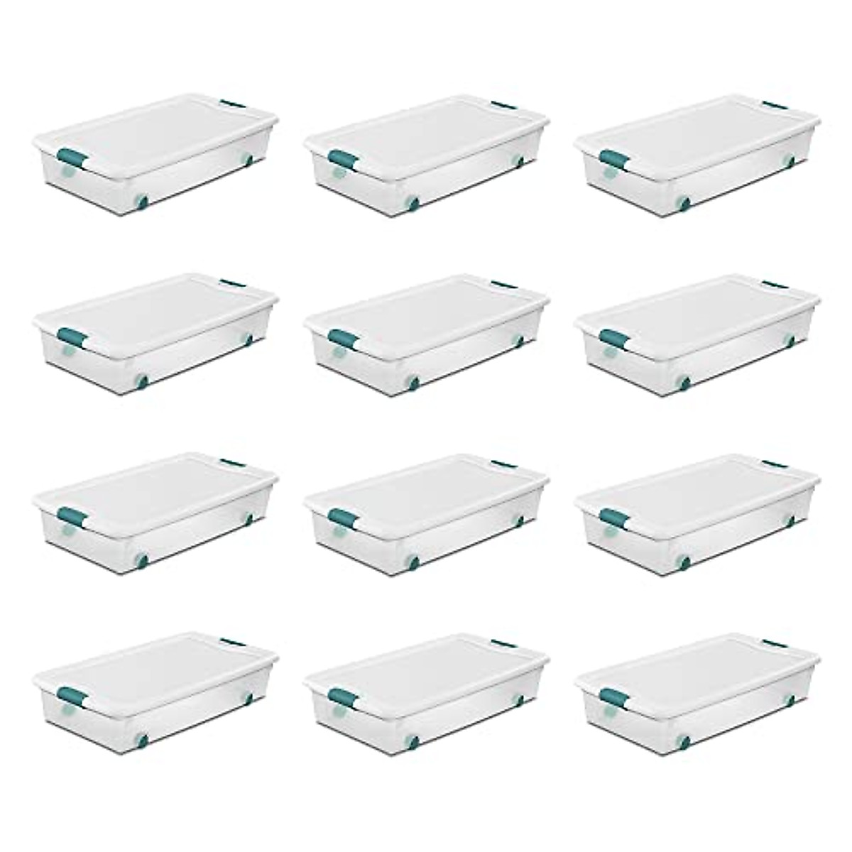 Sterilite 56 Quart Latching Stackable Under Bed or Closet Storage Box Container Bins with Secure Lid and Wheels, Clear (12 Pack)
