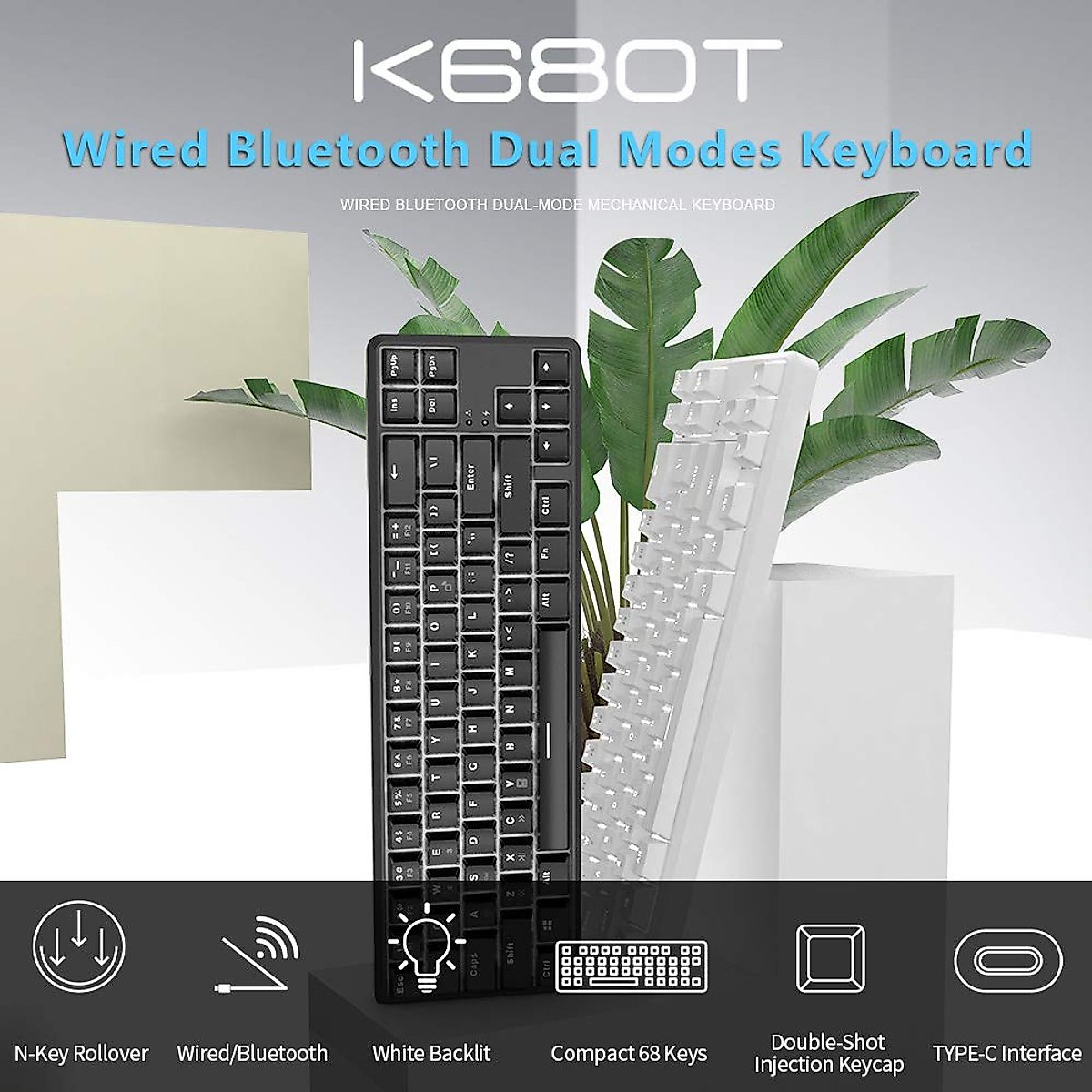 NACODEX K680T 60% Wireless/Wired Mechanical Keyboard - Compact 68 Keys 1000mAh Rechargeable Gaming/Office Keyboard Multi-Device for iOS Android Windows and Mac (Blue Switch White Backlit Black)