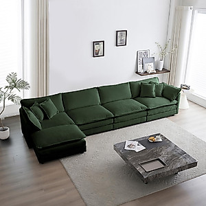 Suheww 146" Oversized L-Shaped Modular Sectional Sofa Couch for Living Room, Modern Soft Chenille Large Cloud Couch, Comfy 4-Seater Deep Seat with Chaise & Movable Ottoman (Green, L-Shaped 4 Seat)