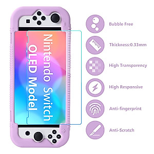 Teyomi Silicone Case for Nintendo Switch OLED with 2 Game Cards Slots, [Kids Friendly] Shockproof Protective Cover with Tempered Glass Screen Protector, Ergonomic Grip Case for Switch OLED, Purple