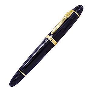Jinhao 159 Fountain Pen, Fude Pen Bent Nib, Black Lacquer Gold Trim Big Heavy Pen with Pouch and Ink Converter