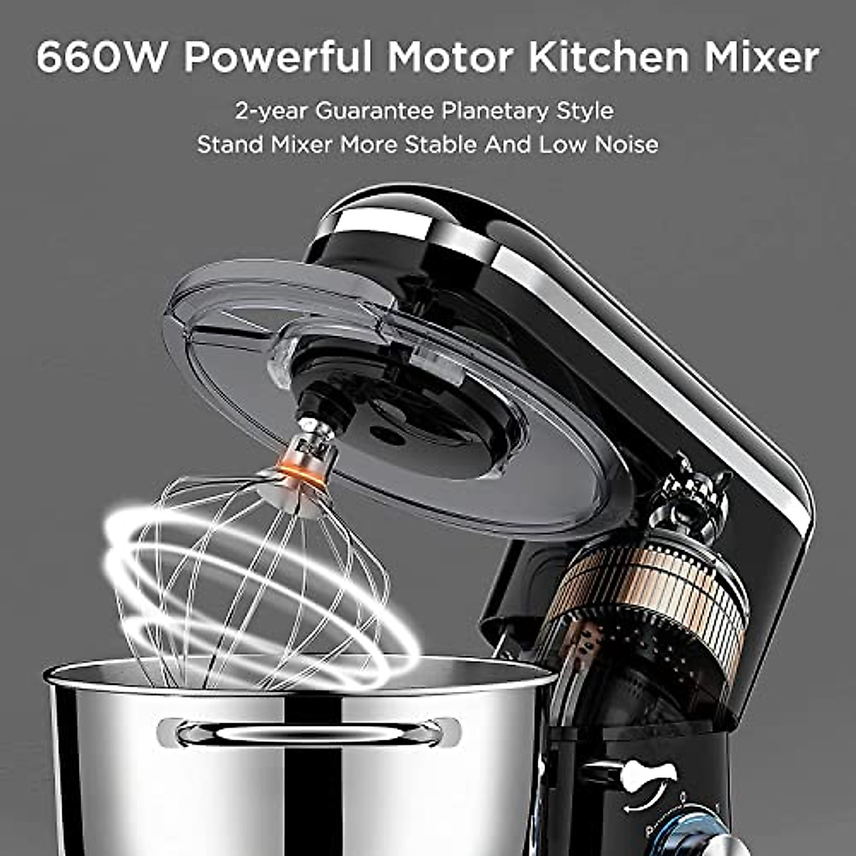 HOWORK Stand Mixer, 660W Electric Kitchen Food Mixer With 6.55 Quart Stainless Steel Bowl, 6-Speed Control Dough Mixer With Dough Hook, Whisk, Beater (6.55 QT, Black)