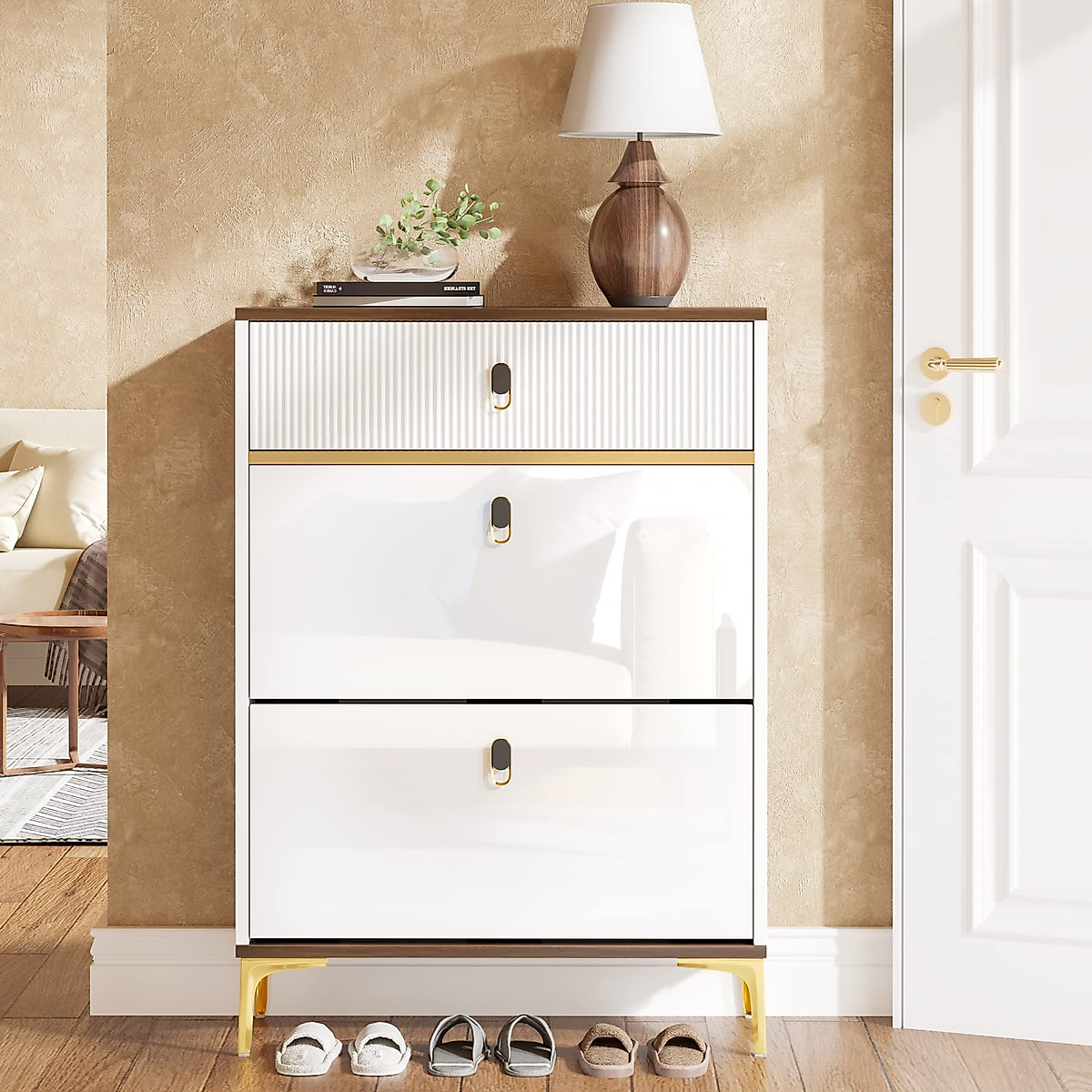 Tribesigns Shoe Cabinet for Entryway Slim: Shoe Storage Organizer Cabinet with 2 Flip Drawers, Wooden Shoe Rack with Gold Metal Legs for Entrance, Hallway, Living Room, White & Brown