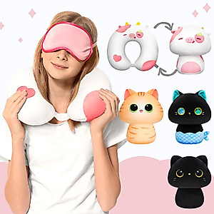 Mewaii Kids Travel Pillow, Cute Strawberry Cow Stuffed Animal Neck Pillow for Kids & Adults, Reversible Plush Squishy 2-in-1 Travel Plush Pillow for Airplane, Car, Train