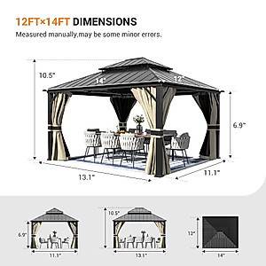 Amopatio 12' X 14' Hardtop Gazebo Permanent Aluminum Gazebos with Galvanized Steel Double Roof for Patio Lawn and Garden，with Curtains & Mosquito Netting