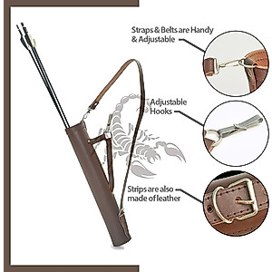 Scorpion Archery Back Arrow Quiver - Genuine Leather Arrow Case - Traditional Handmade Archery Quiver for Hunting & Target Practicing - Adjustable Lightweight & Comfortable Cow Leather) (Brown)
