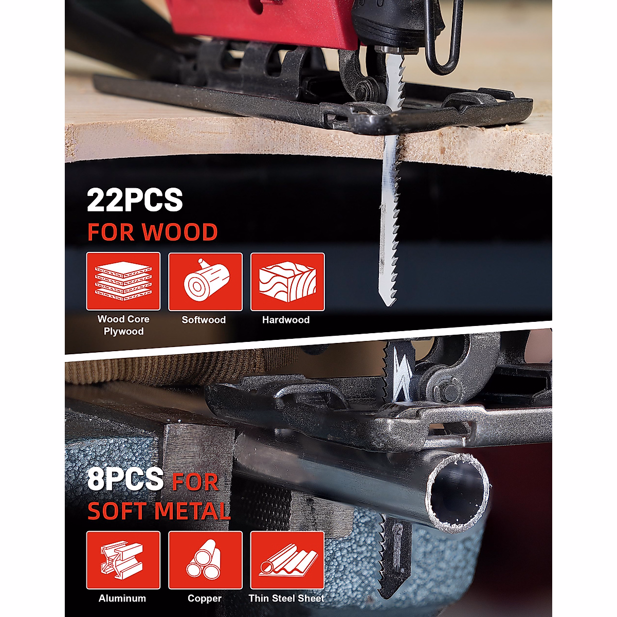 EZARC Jigsaw Blades Set 30pcs with Storage Case, Assorted T-Shank Replacement Jig Saw Blades for Cutting Wood, Plastic and Metal