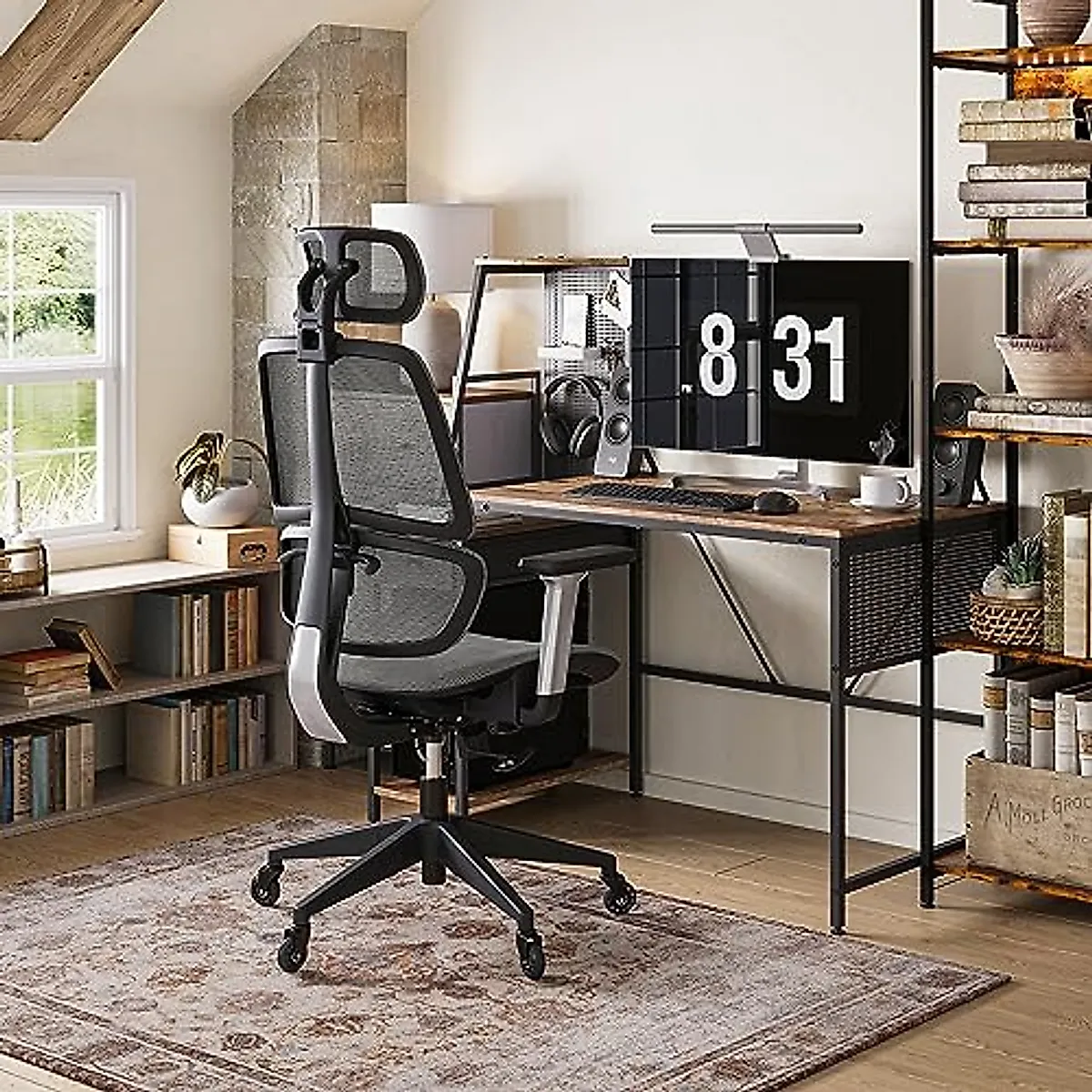 LINSY HOME High-Back Office Chair, Swivel Ergonomic Task Chair with Adjustable Headrest and Arms, Lumbar Support and PU Wheels, Computer Mesh Chair for Home Office, Dark Grey