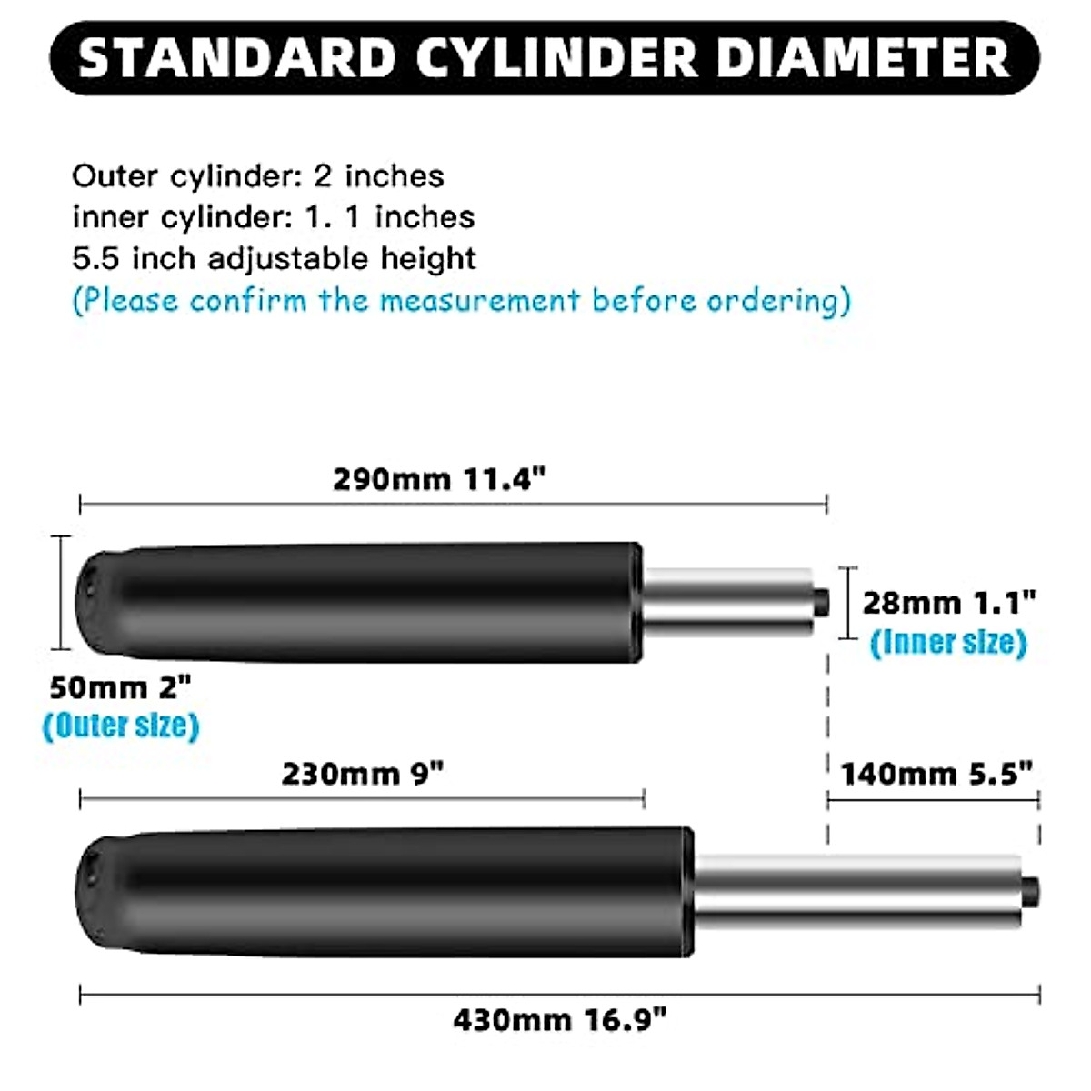 Omyoffice Adjustable Gas Lift Cylinder for Office Chairs, Black, 1000LBS Capacity