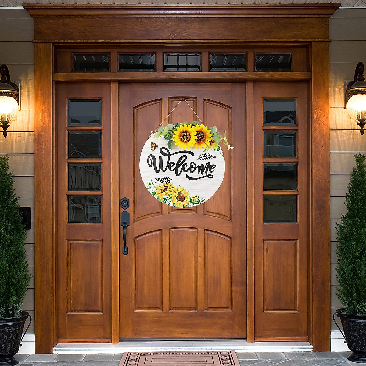 Autonomier Sunflower Welcome Sign for Front Door 12 Inch Sunflower Front Porch Decor Farmhouse Rustic Round Wooden Hanging Sign with Artificial Sunflower and Eucalyptus Leaves for Home Garden (White)