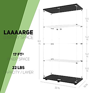 Beauty4U Glass Display Cabinet with 4 Shelves, 2 Doors Curio Cabinets for Living Room, Bedroom, Office, Black Floor Standing Glass Bookshelf, Quick Installation