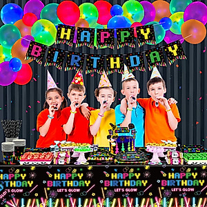 233 PCS Glow Neon Party Supplies Neon Glow Tableware Set Neon Balloons Glow in The Dark Birthday Banner Cake Toppers for Blacklight Party Decoration Serves 20 (Glow Set B)