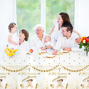 GREHUMOR Mi Bautizo Decoration-First Communion Tablecloth for Boy God Bless,Baptism Party Decoration Christening Party Supplies 2PC