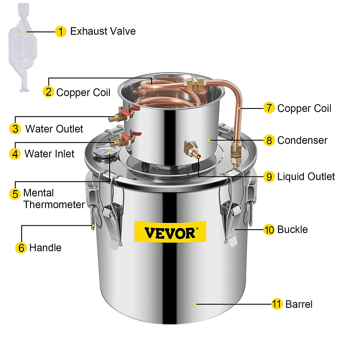 VEVOR Alcohol Still 5Gal/20L Alcohol Distiller Stainless Steel Distillery Kit for Alcohol With Copper Tube & Pump Home Brewing Kit Build-in Thermometer for DIY Whisky Wine Brandy