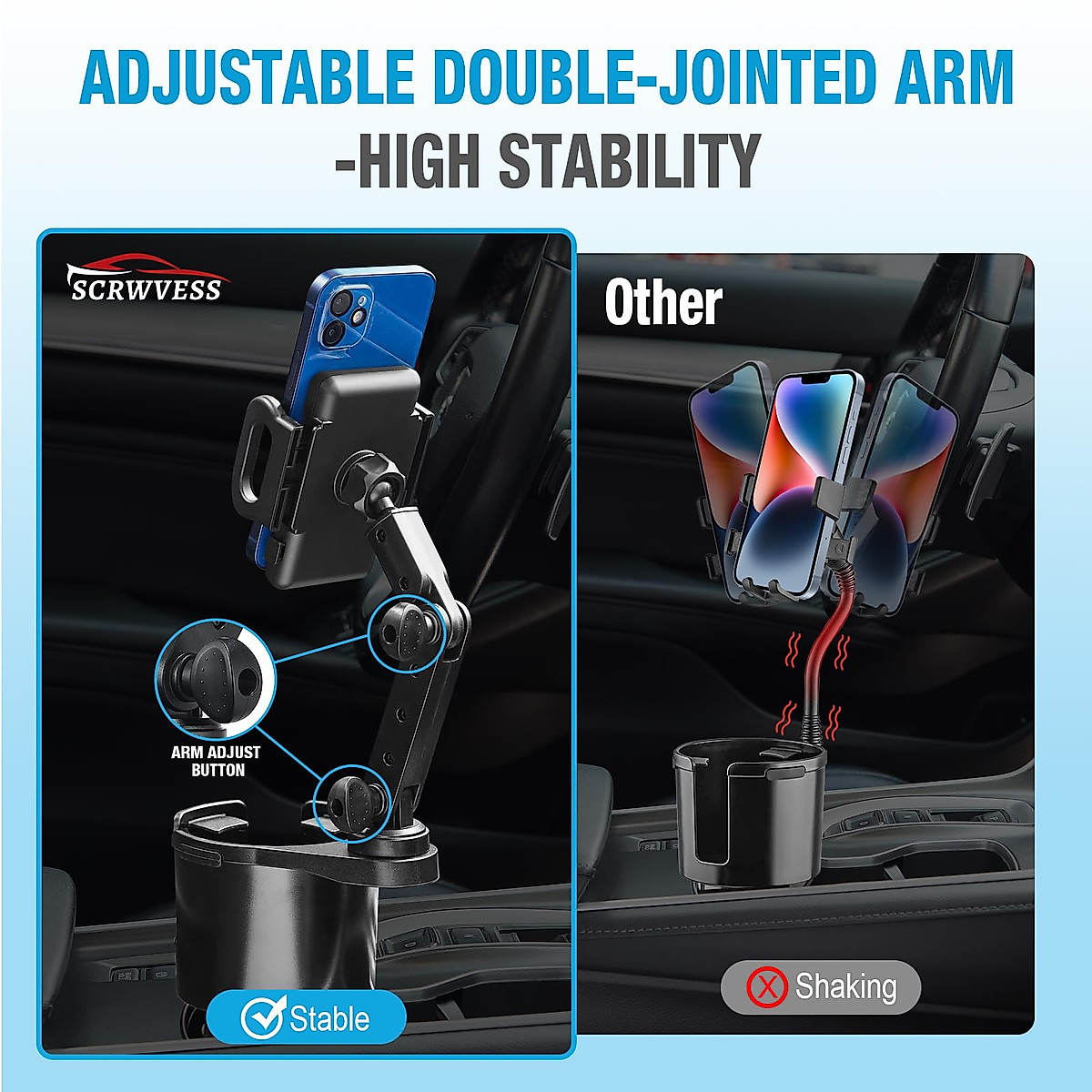 SCRWVESS Cup Holder Phone Mount, 2 in 1 Cup Holder Expander for Car Long Arm with 360°Rotation Cup Holder Cell Phone Holder for Car Compatible with All Smartphones